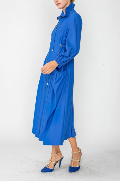 Blue Draw Stand Collar Side Drawed Shirring Long Jacket – IC Collection