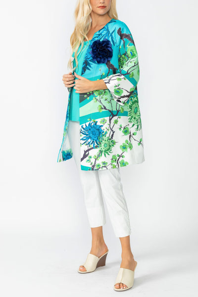 Turquoise Floral Print Long Jacket – IC Collection